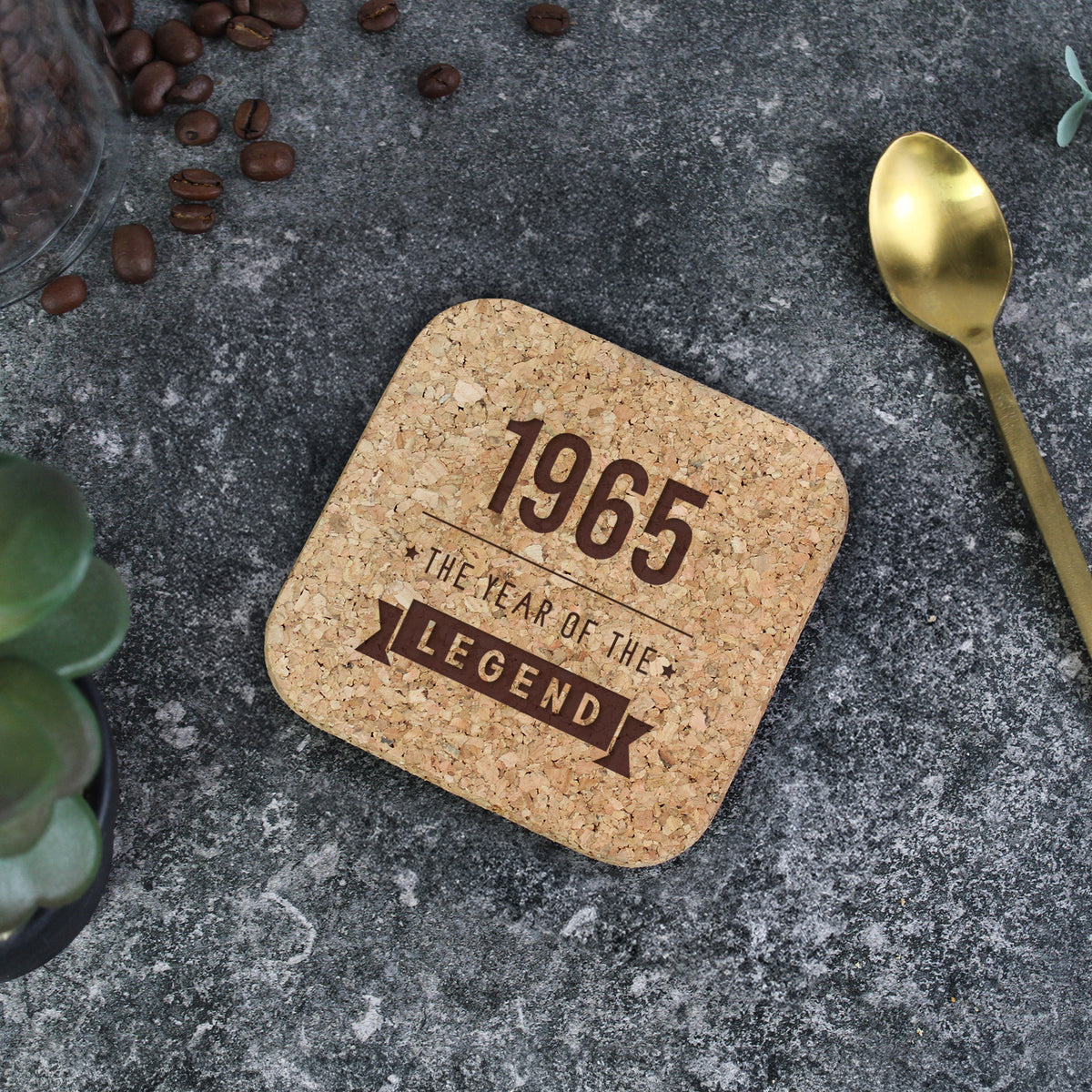 Square Cork Coaster Engraved with "1965 Year of The Legend" – GiftsInAJiffy
