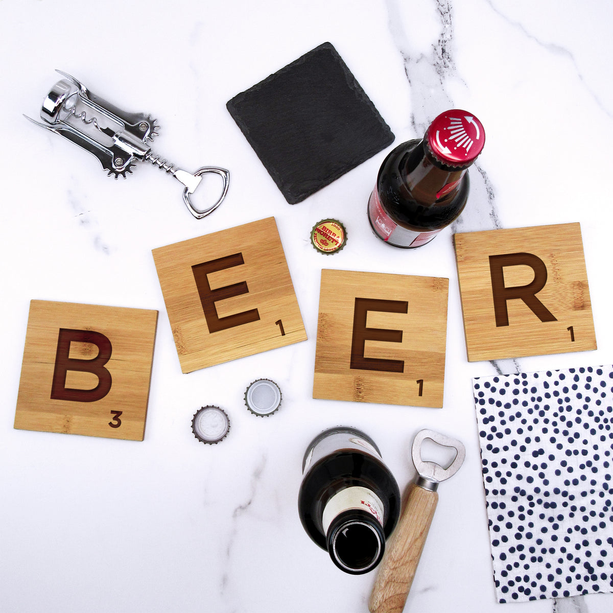 Set of 4 Bamboo "BEER" Scrabble Letter Tile Alphabet Drinks Coasters ...